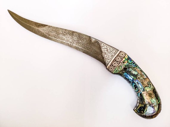 Damascus dagger with silver inlay work and Abalone handle | Etsy