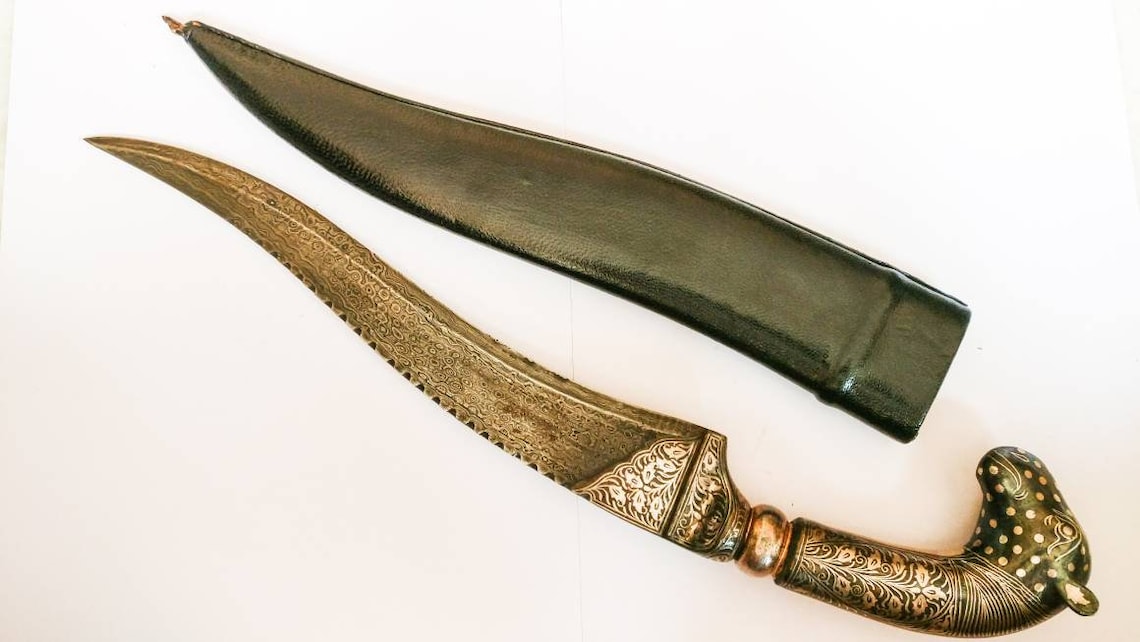 Damascus Kard / Dagger Camel Face With Silver Koftgari Work - Etsy