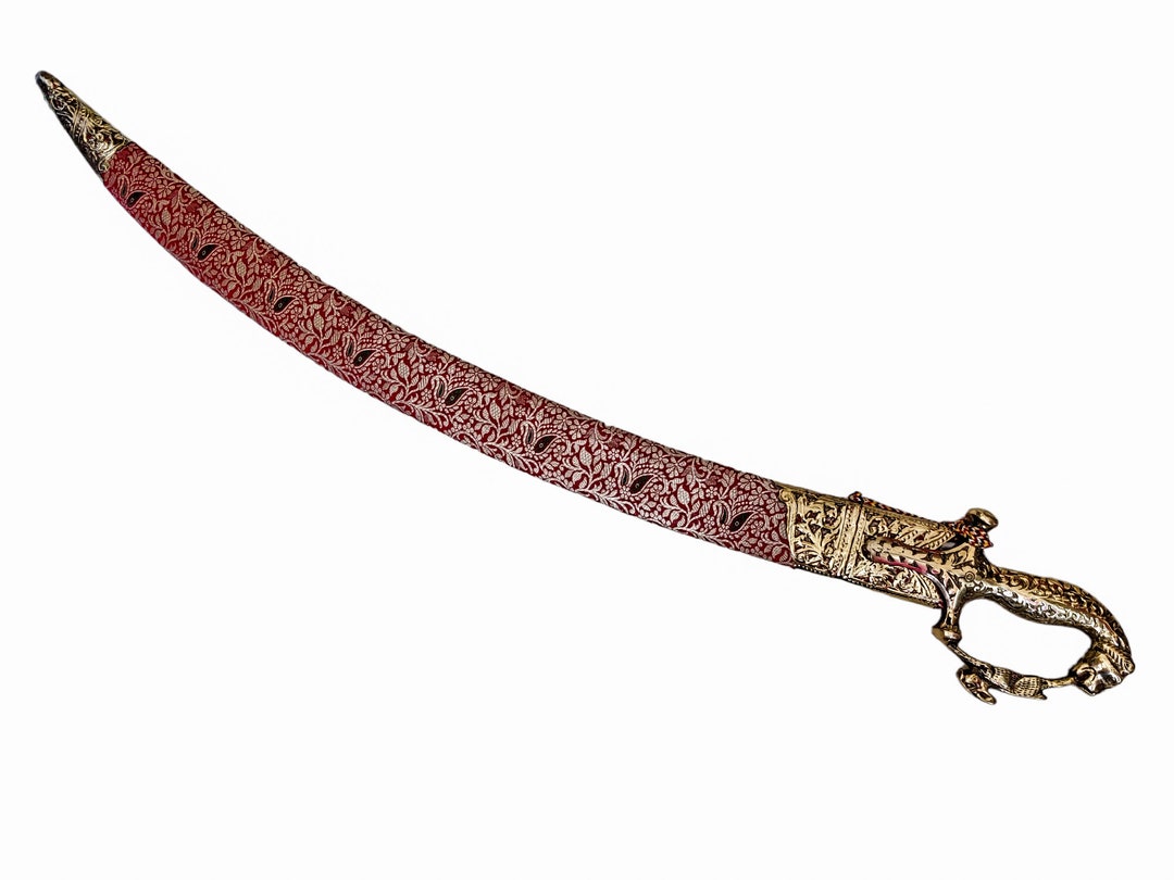 Indian Rajput Wedding Sword With Sheath Maroon Fabric Golden Hilt Brass ...