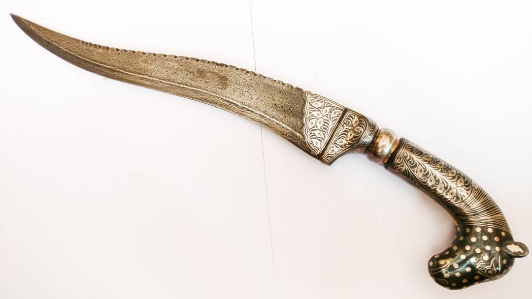 Damascus Kard / Dagger Camel Face With Silver Koftgari Work - Etsy