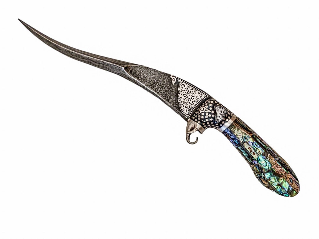 Damascus Armour Piercing Dagger With Abalone Handle and Leather Sheath ...