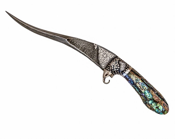 Damascus Armour Piercing Dagger With Abalone Handle and Leather Sheath ...