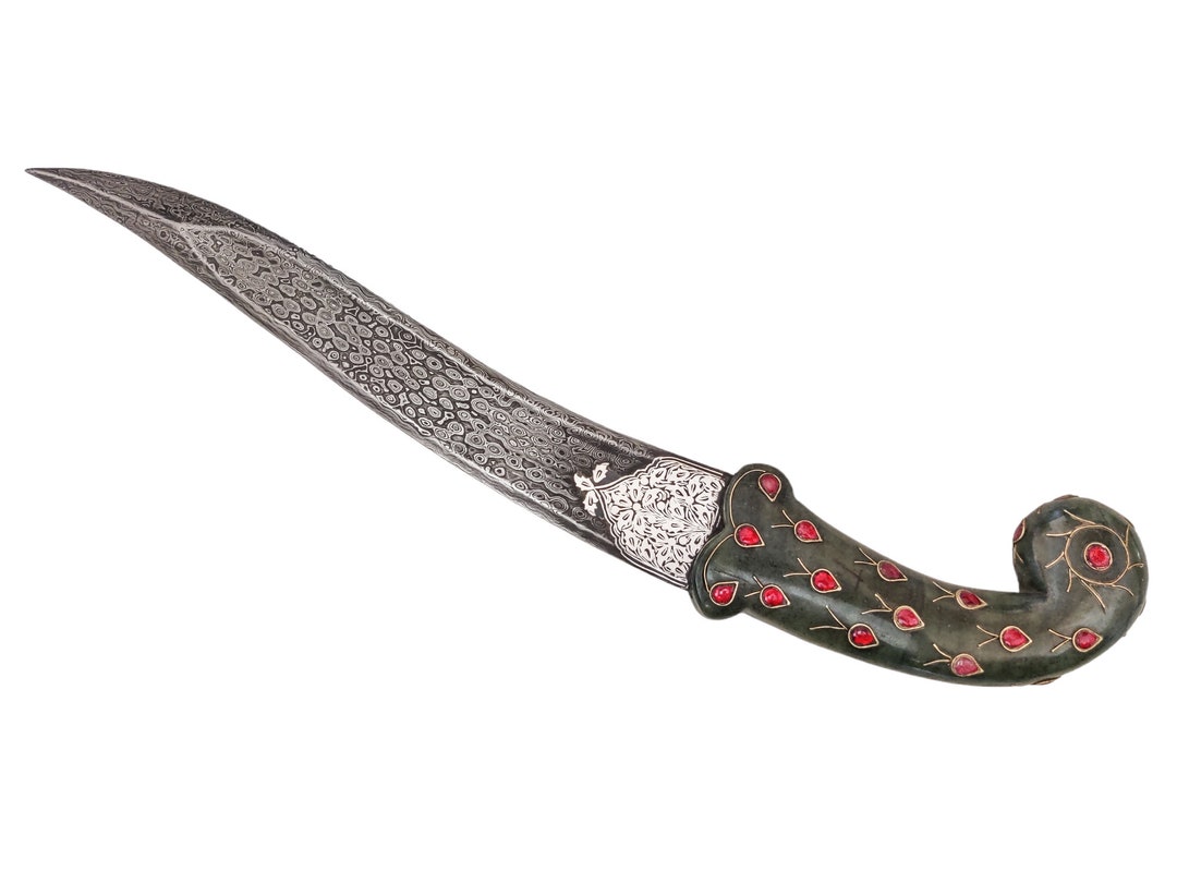 Ottoman Turkish Silver Koftgari Worked Green Jade Stone Damascus Dagger ...