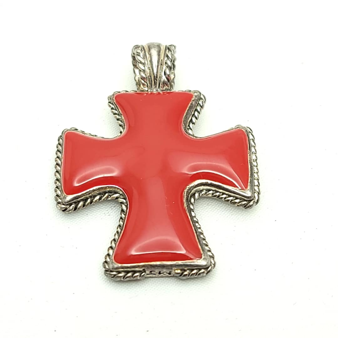 Vintage MJ Signed Red Enamel Cross Pendant Silver Tone Rope - Etsy