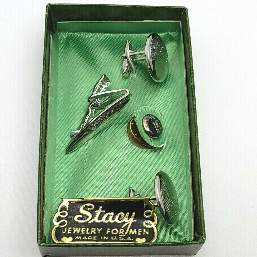 Vintage Stacy Cufflinks Tie Bar & Tack Set: Silver Tone Men's ...