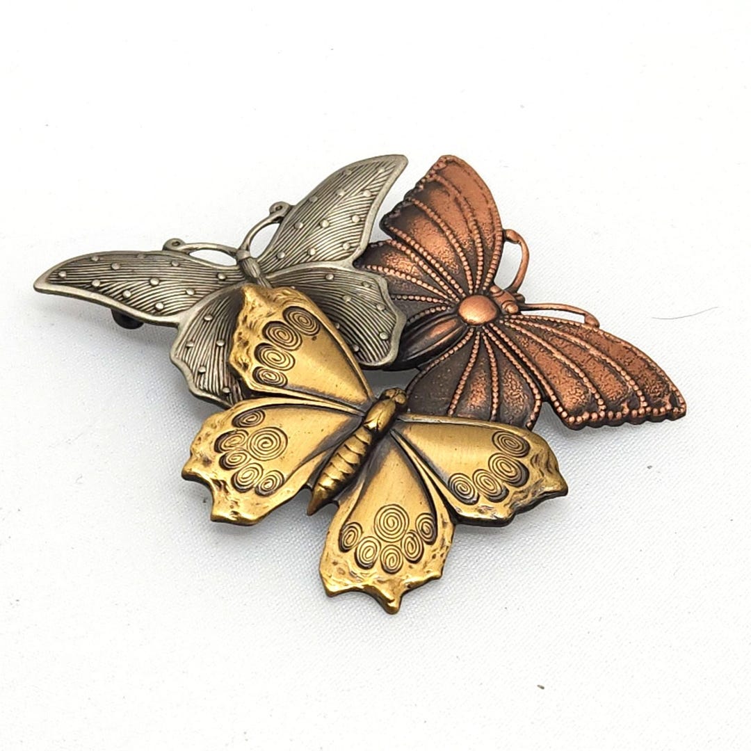 Vintage Tri Color Metal Butterfly Brooch Copper Brass Silver Tones ...