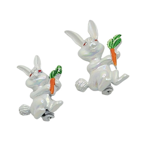 Vintage White Iridescent Enamel Rabbit Pin Red Eyes B… - Gem