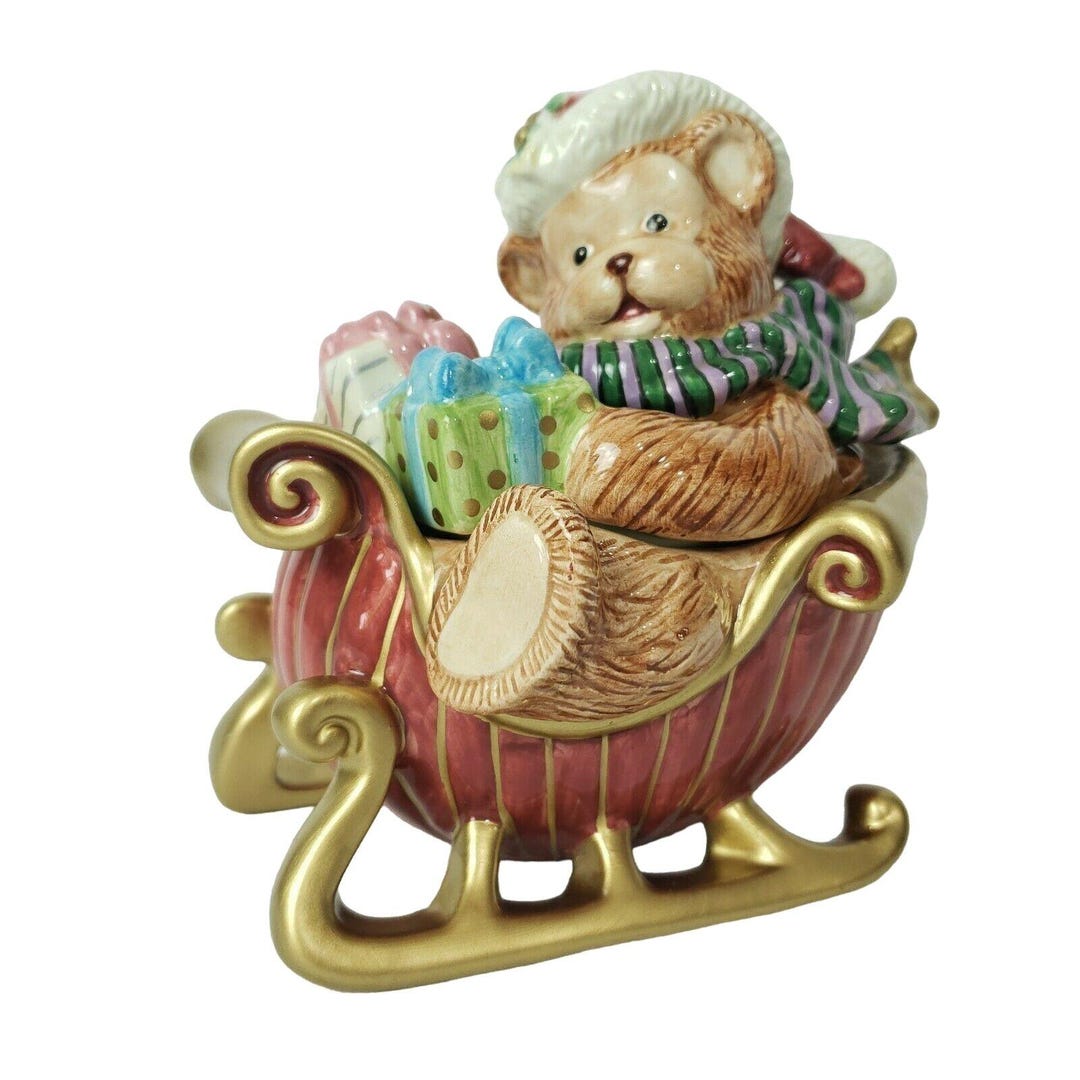 Fitz and Floyd Classics Porcelain Teddy Bear Sleigh Candy Trinket Dish ...