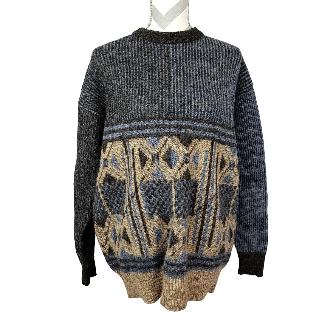 Samband of Iceland Wool Sweater M Crewneck Ski Winter Fall Blues Browns ...