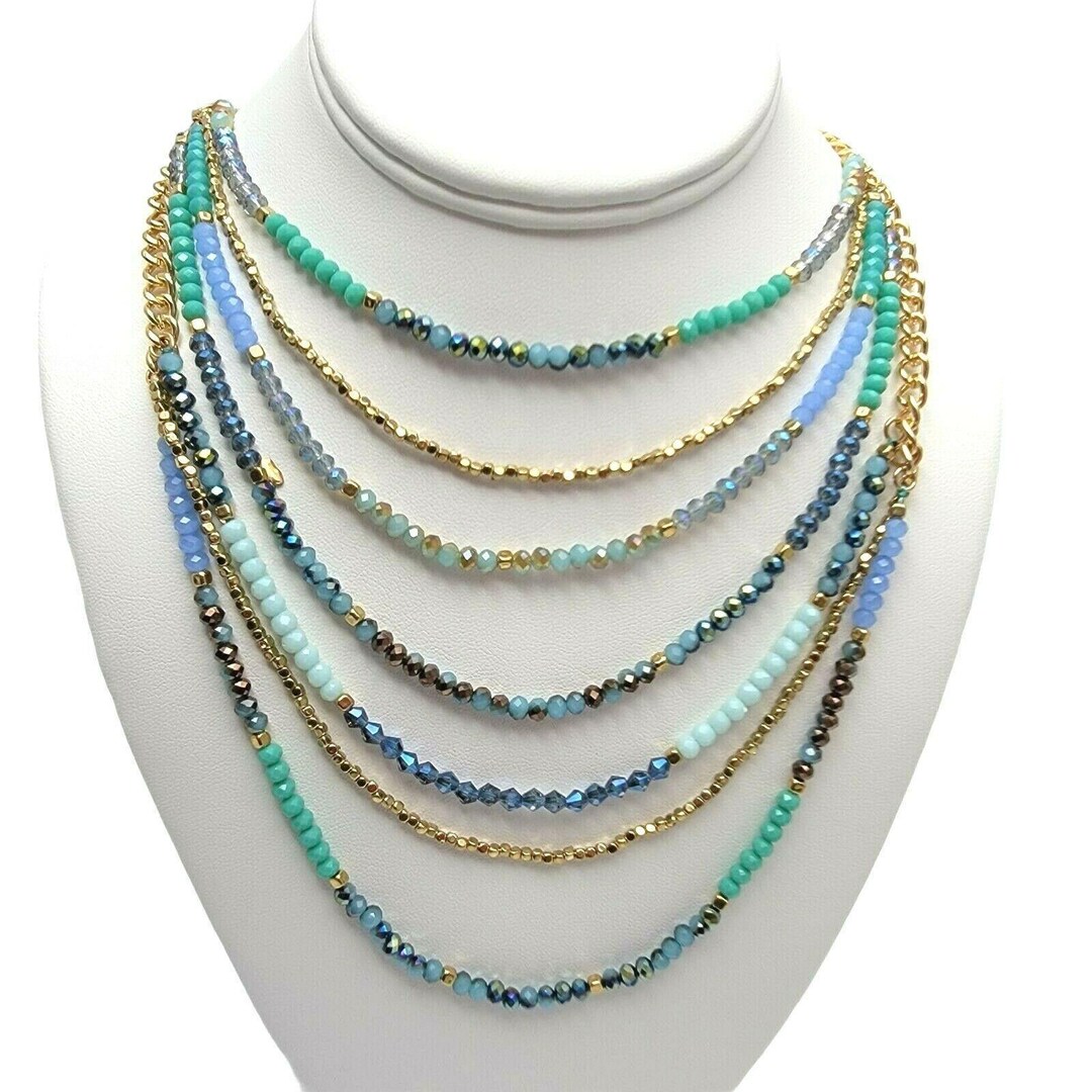 Multi Strand Necklace Layered Iridescent Seed Beads Aqua Blues Gold ...
