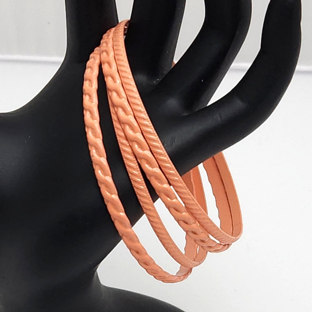 Vintage Peach Metal Bangles Set of 4 Thin Band Minimalist Textured ...