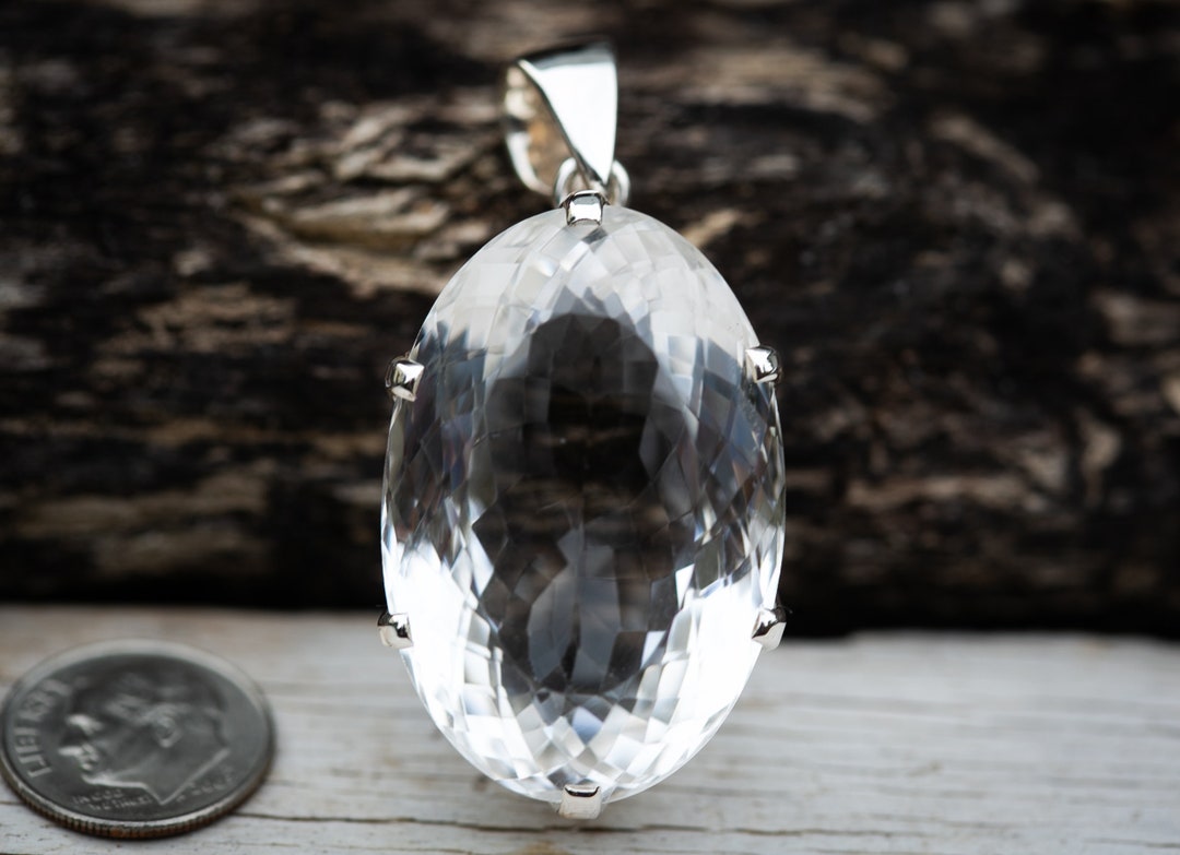 Clear Quartz Pendant Large Clear Quartz Cut Pendant Sterling Sliver ...