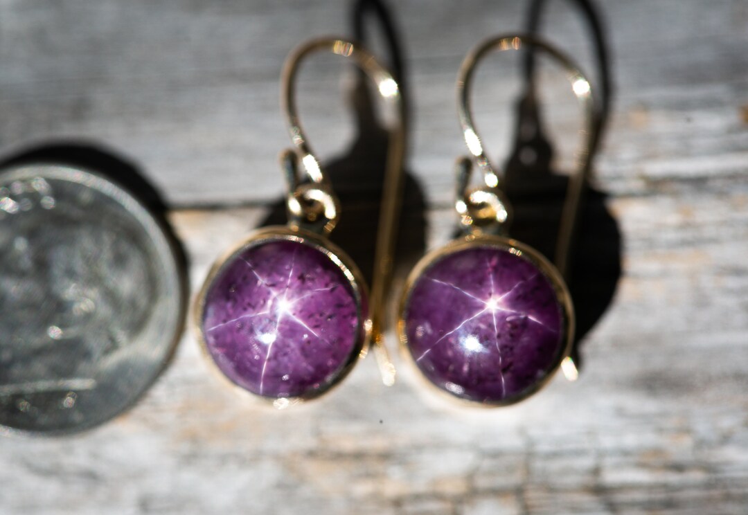 Star Ruby 14k Gold Earrings - Star Ruby 11x9mm Dangle Earrings - Star Ruby Earrings - Star Ruby ...