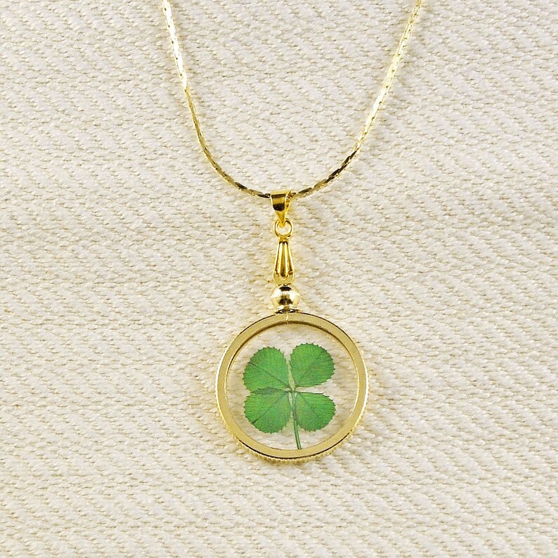 Good Luck Charm Gold Pendant Necklace With a Real Genuine Four Leaf ...