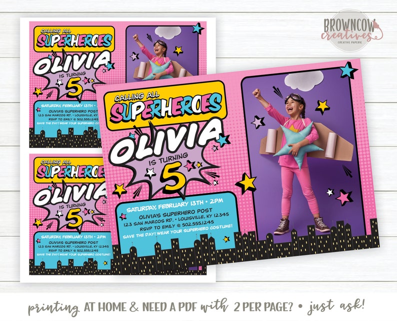 Girl Superhero Invitation Comic Invitation With Photo - Etsy