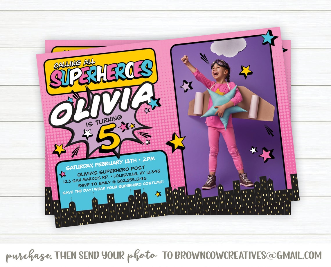 Girl Superhero Invitation Comic Invitation With Photo | Etsy