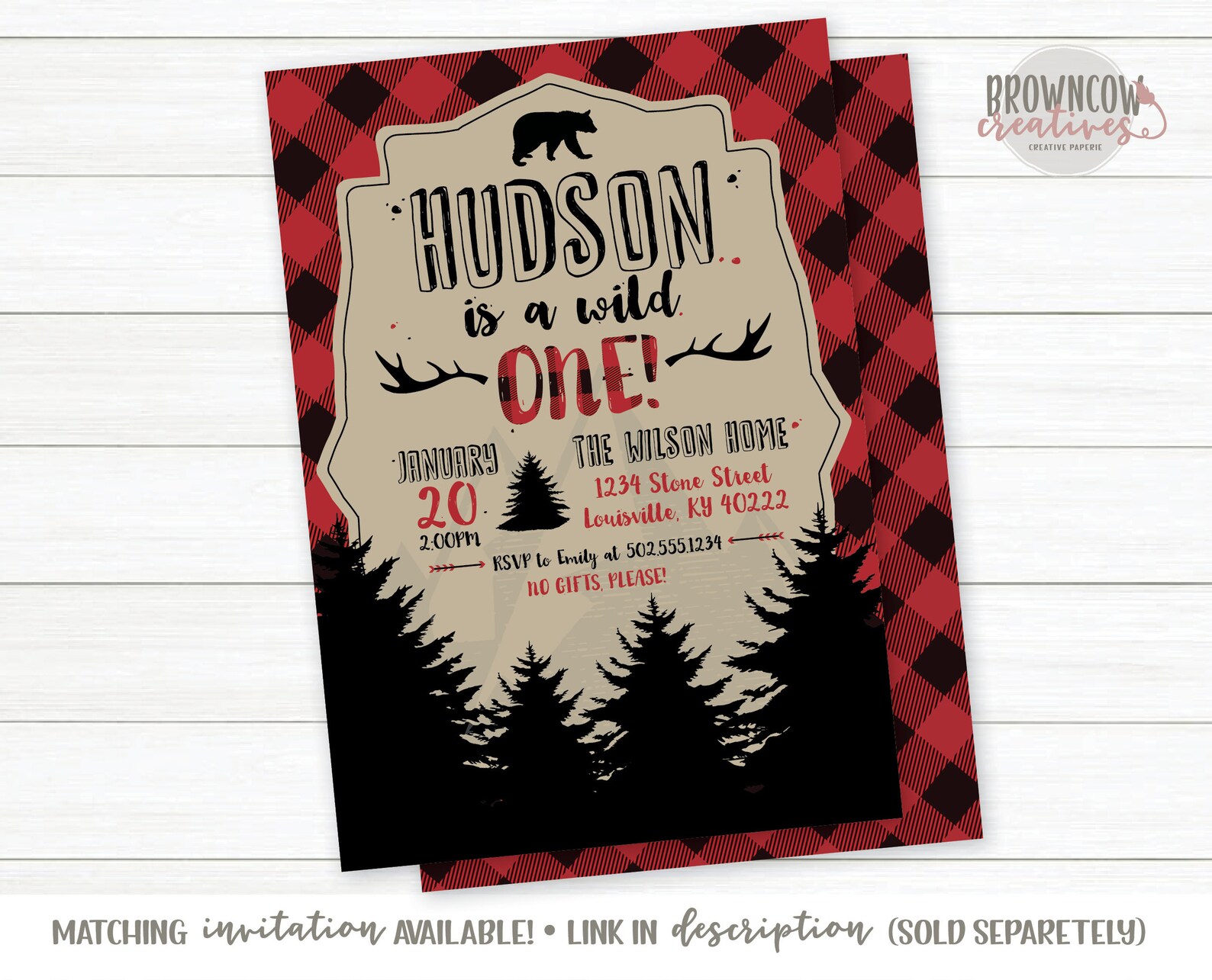 Buffalo Plaid Birthday Invitation, Young, Wild & Three, Wild One Party ...