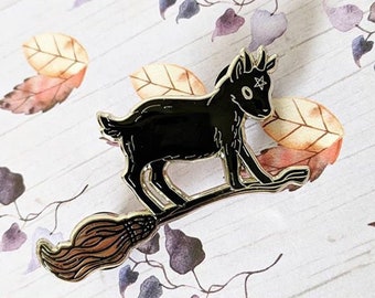 Baby Goat Learning to Ride a Broom Enamel Pin Silver Plated Push Pin ...