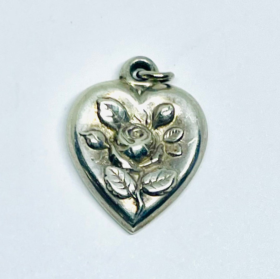 Vintage 1940s WWII Puffy Sterling Rose Flower Heart Charm, WW2 Sterling ...