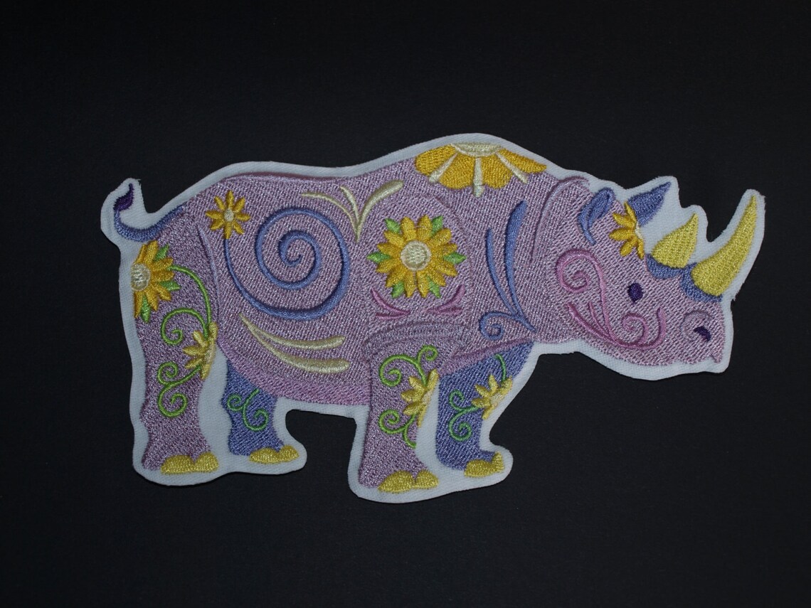 Flower Power Rhino Embroidered Sew On Iron On Glue on Patch - Etsy UK