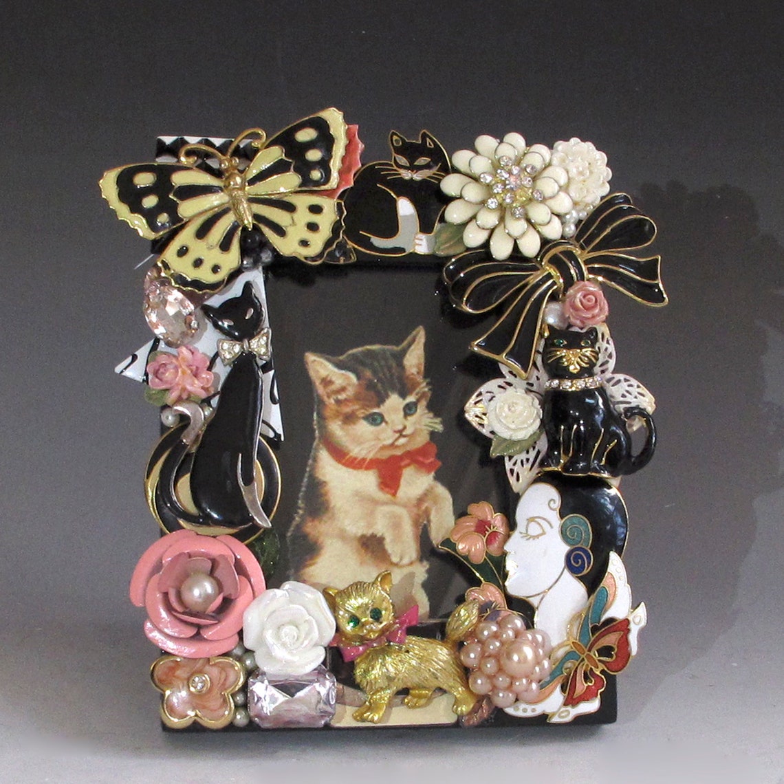 Cats Kittens Petite Jeweled Picture Frame Black White Pink Handcrafted ...
