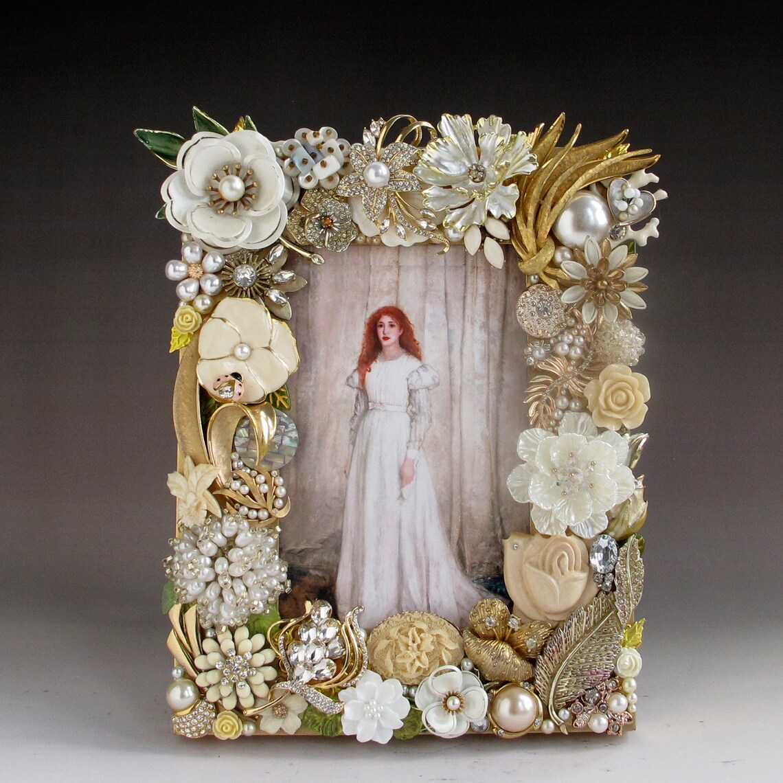 White Jeweled Picture Frame With Gold, Crystals and Pearls Handcrafted ...