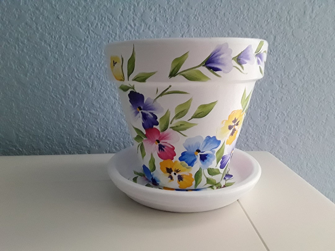 Made for You*hand Painted Flower Pot & Matching Saucer*6" Multi Colored ...