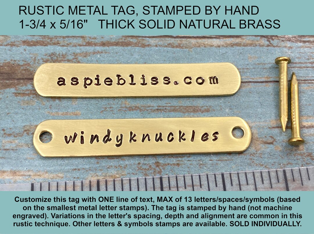 ONE Small Personalized Metal Tag, Rustic Hand Stamped Solid Brass Tag ...