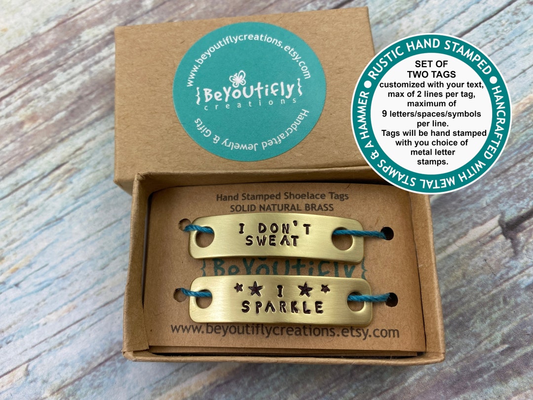 SET of TWO Custom Text Shoelace Tags, Rustic Stamped by Hand SOLID ...