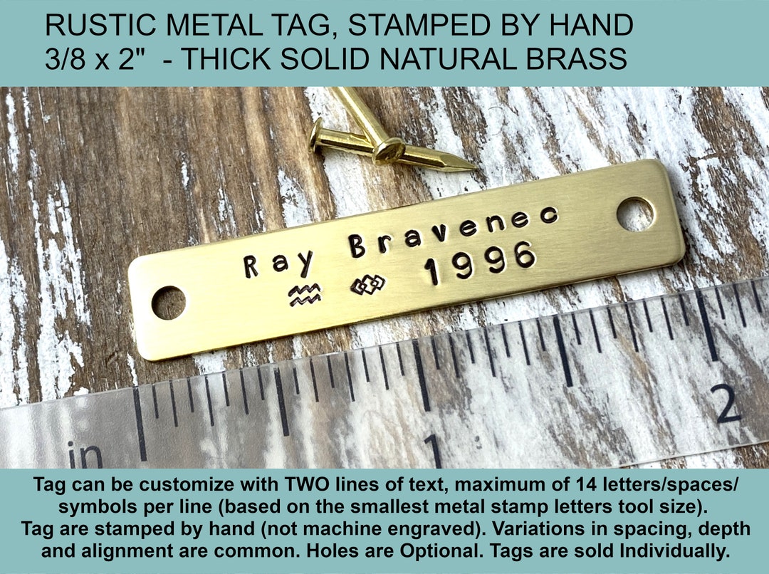 Personalized Gold Tone Metal Tag, Rustic Hand Stamped Metal Tag, Custom ...