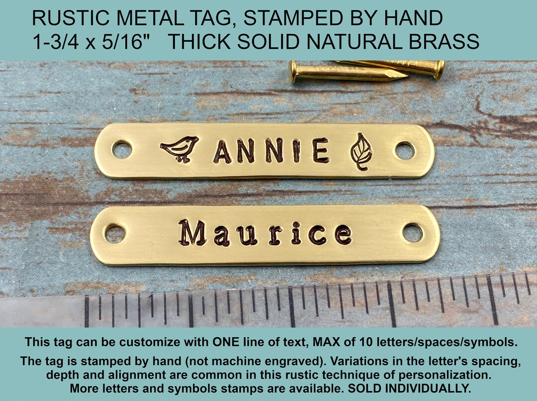 ONE Small Personalized Metal Tag, Rustic Stamped by Hand Solid Brass ...