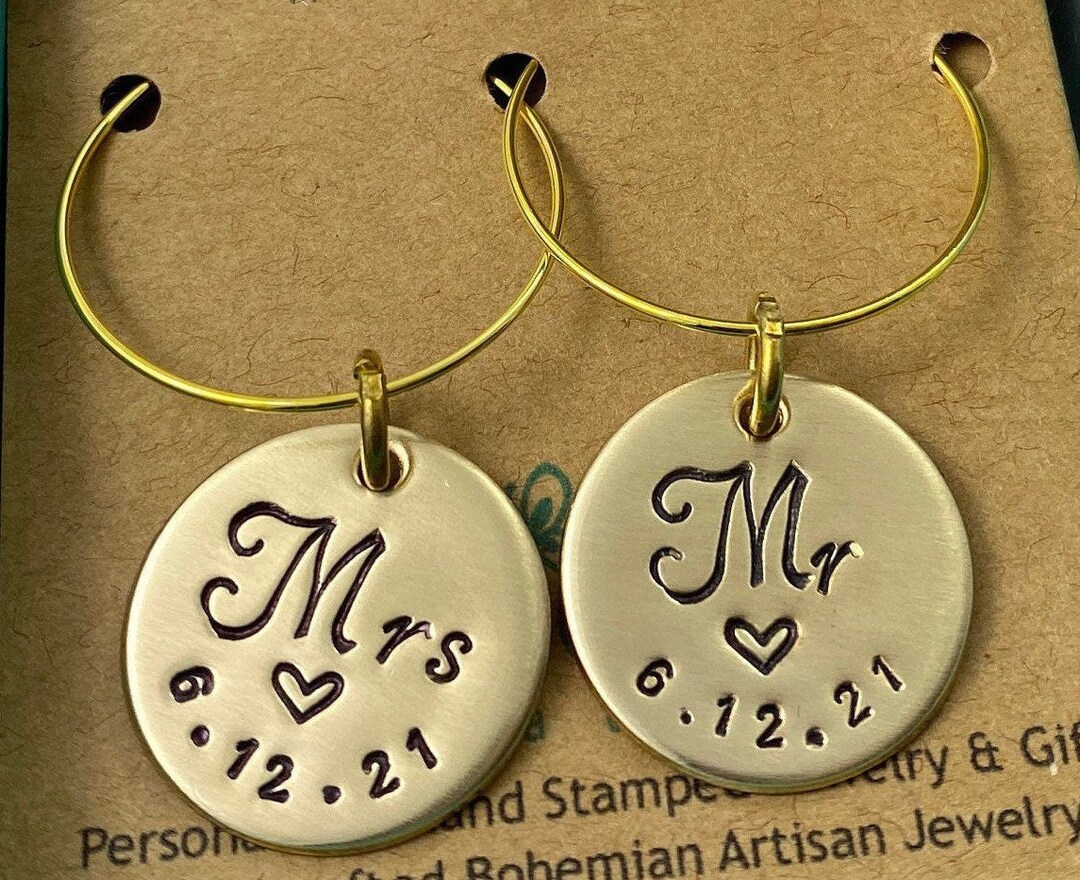 SET of TWO Mr & Mrs Glass Charms, Wedding Glass Charms, Bride Groom ...