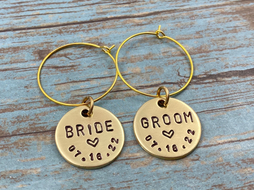 SET of TWO Personalized Wedding Glass Charms, Rustic Hand Stamped Bride ...