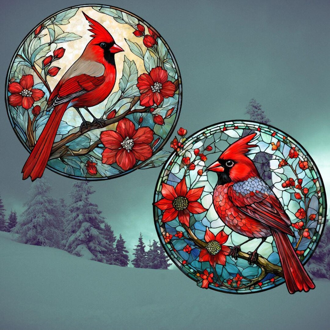 Cardinal Stained Glass Ornament Set: Red Bird Suncatcher, Holiday Decor ...