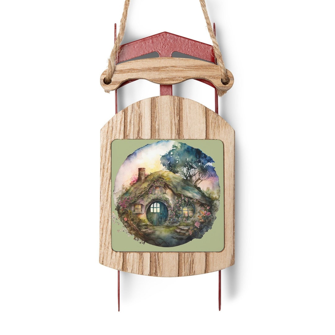 Custom Personalized Hobbit House Watercolor Wooden Sled Ornament Gift ...