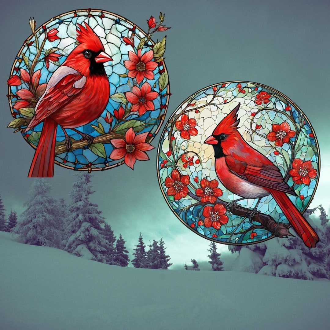 Set of Two Bright Red Cardinal Stained Glass Sun Catcher Ornaments for ...