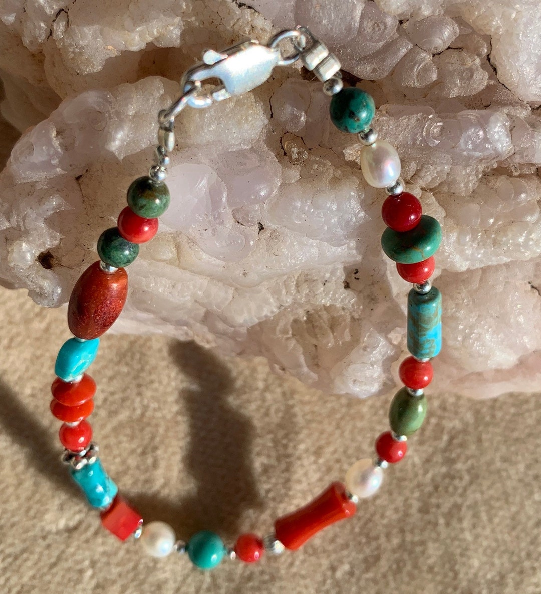Turquoise, Red Coral, Sponge Coral, Fresh Water Pearl, Bracelet ...