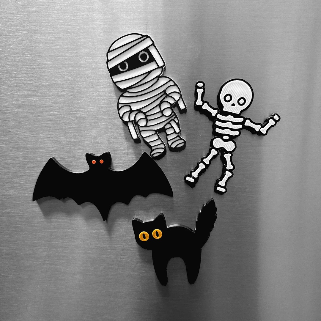 Halloween Refrigerator Magnets: Spooky Mummy, Bat, Skeleton, Cat - Set ...