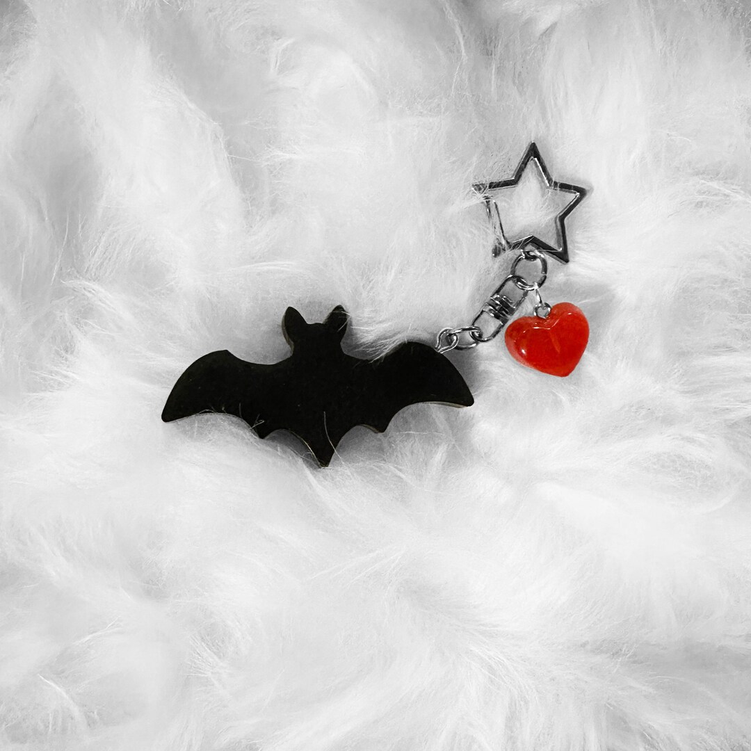 Black Bat Keychain With Red Heart Charm Goth Car Accessory Goth Gift ...