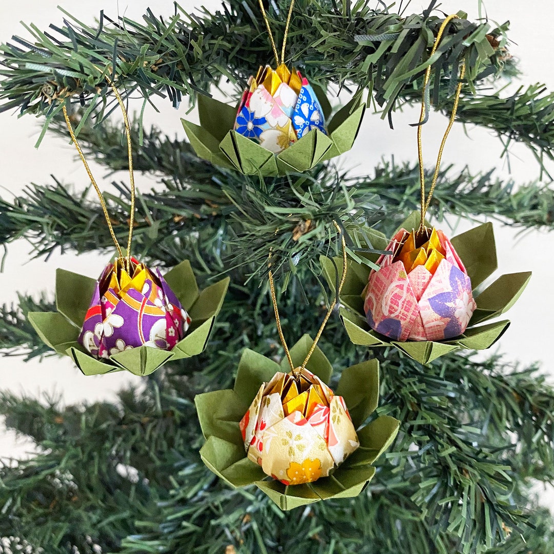 Set of 5 Yuzen Origami Lotus Flower Christmas Hanging Ornaments for ...