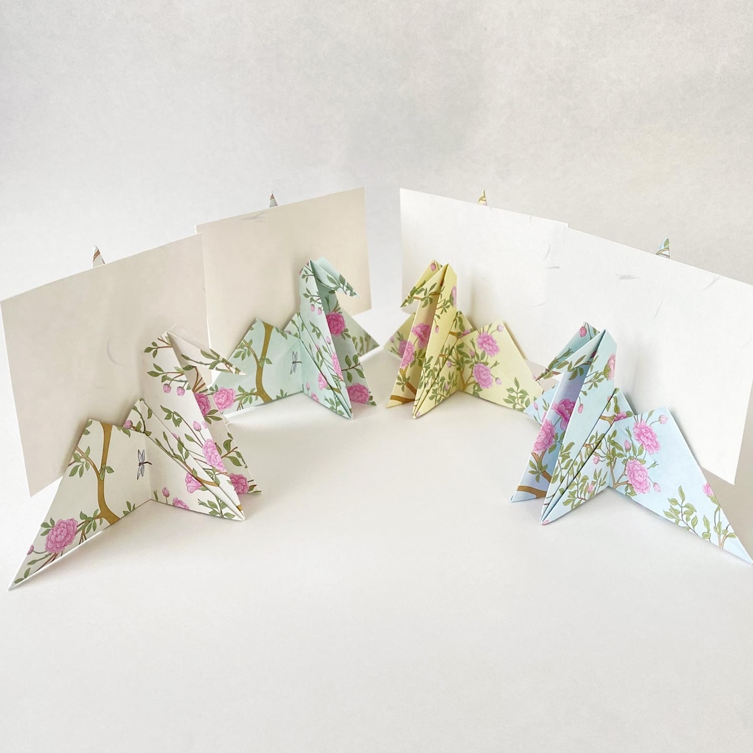 Set of Origami Crane Place Card Holders, Floral Pattern Paper Crane ...