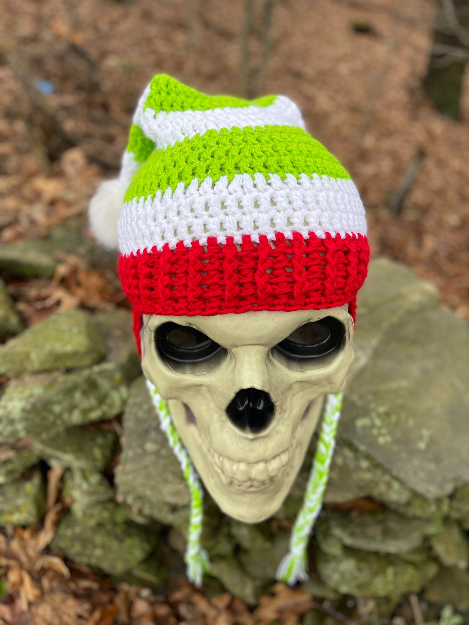 12 Foot Skeleton Santa Elf Earflap Hat Beanie With Braids Inferno 12ft ...