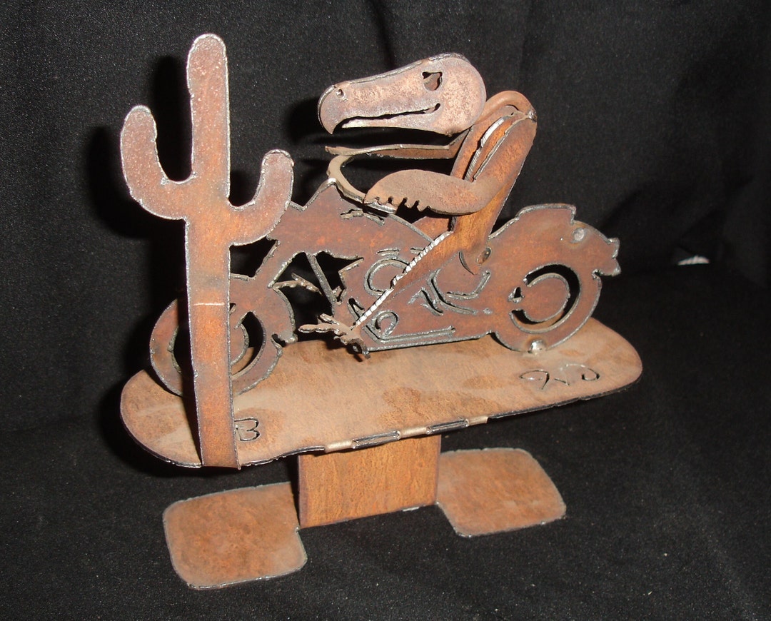 Vintage Scrap Metal Sculpture Skeleton Vulture Riding Motorcycle ...