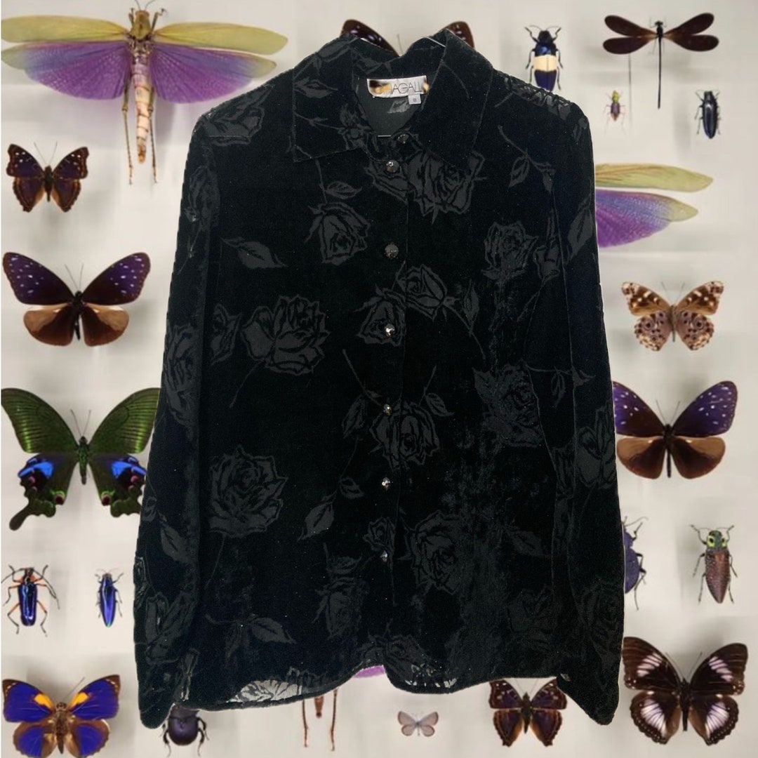 Vintage Black Velvet Rose Burnout Devore Button up Blouse - Etsy