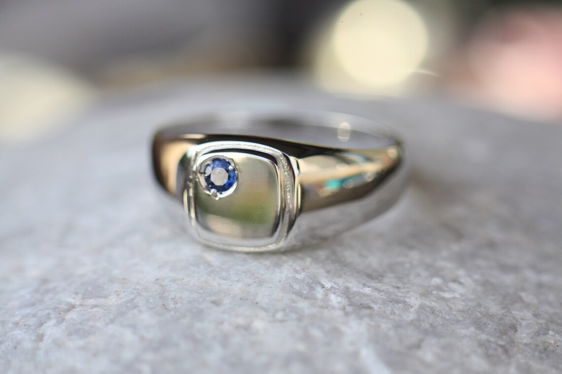 Blue Sapphire Ring Birthday Stone Signet Ring Engraved | Etsy