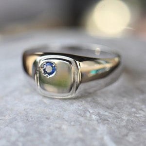 Blue Sapphire Ring, Birthday Stone Signet Ring, Engraved Initial or ...