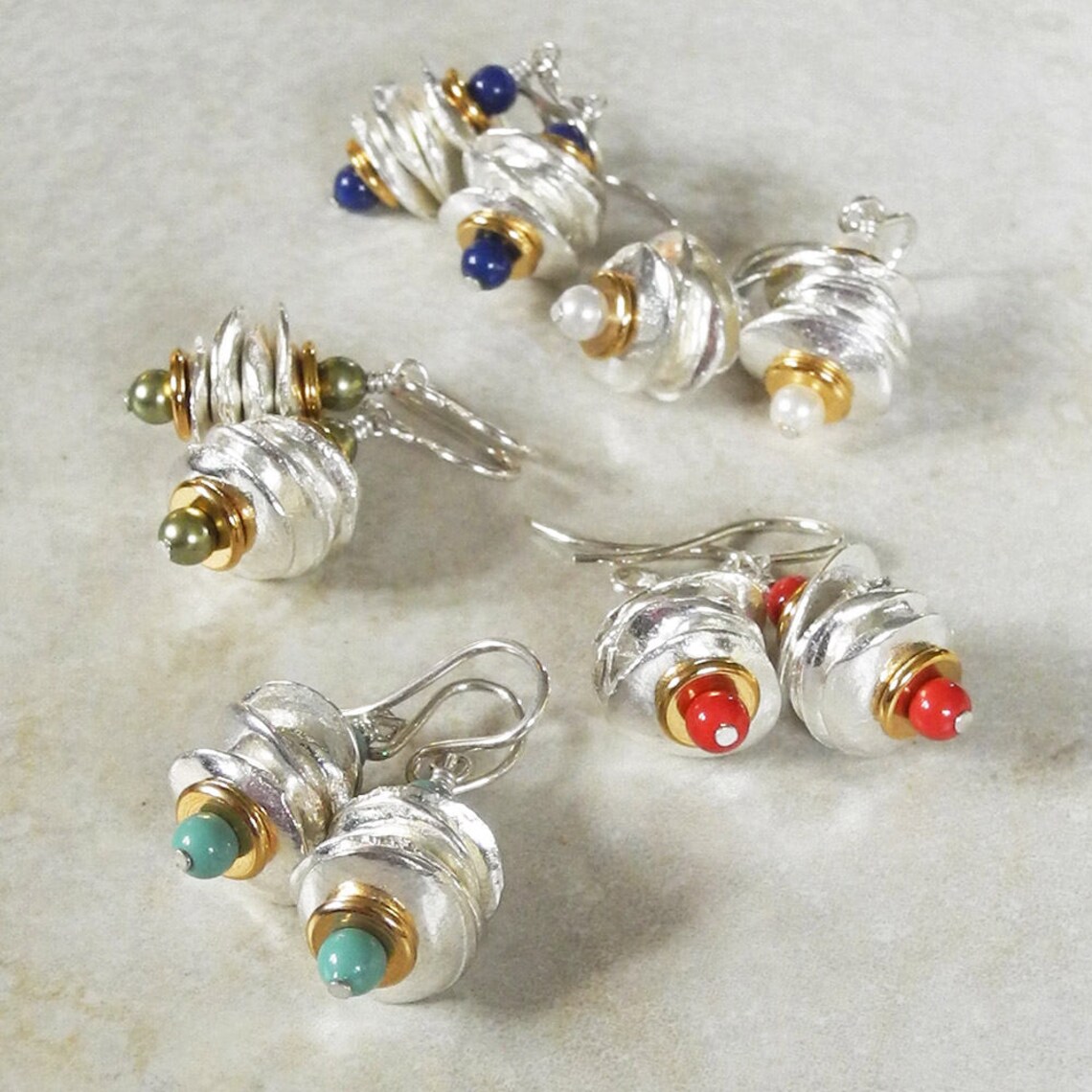 Stacked Silver Chunk Earrings With White Pearl - Pearl and Silver ...