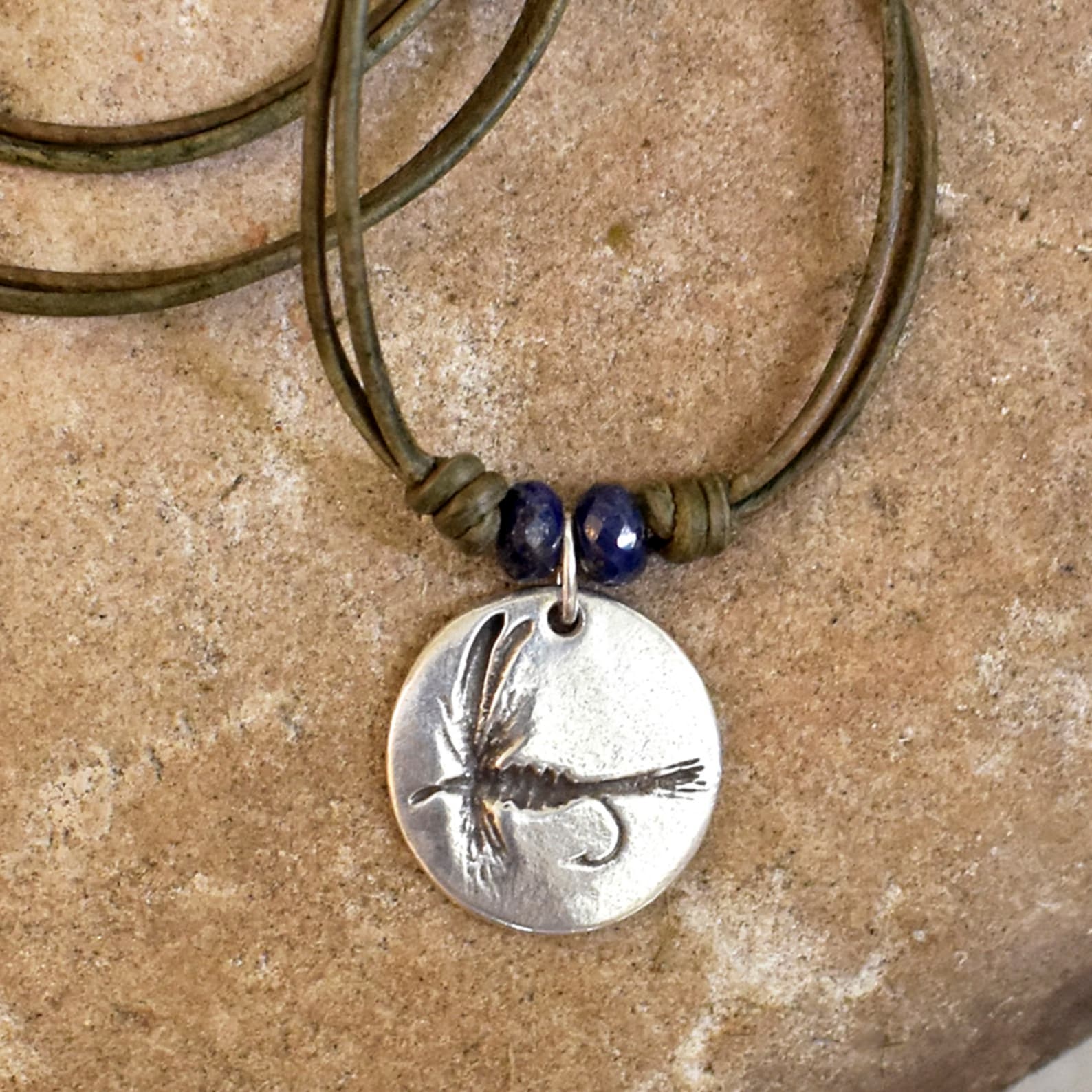 Sterling Silver Fishing Fly Pendant - Leather Cord Necklace - Faceted ...
