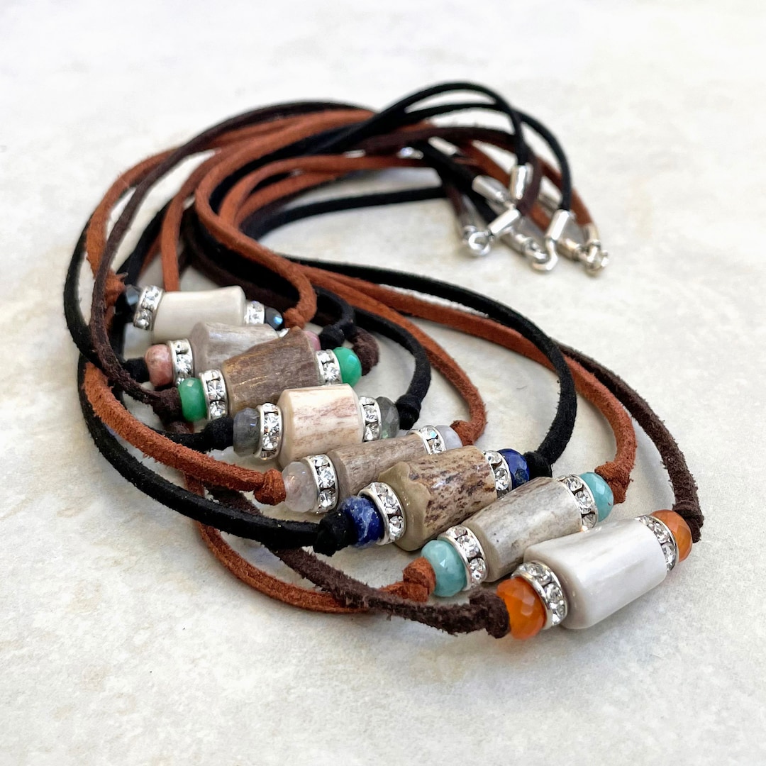 Leather Cord Necklace With Antler - Faceted Gemstones - Rhinestones ...