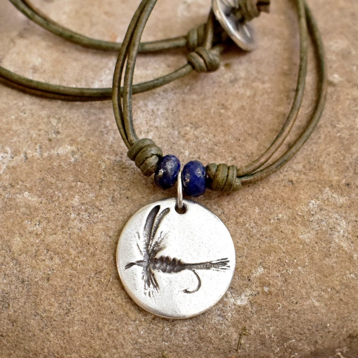 Sterling Silver Fishing Fly Pendant - Leather Cord Necklace - Faceted ...